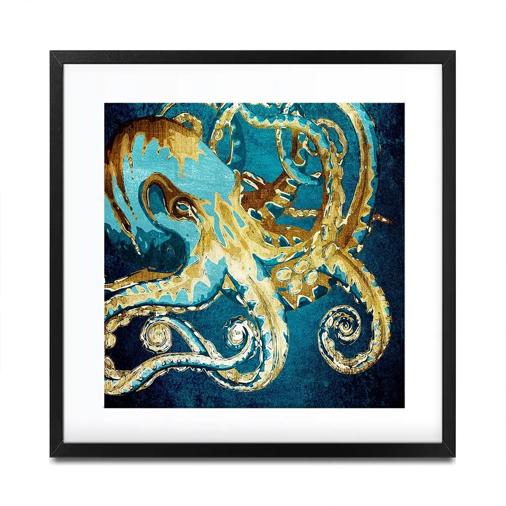 Blue And Gold Octopus Square Framed Art Print