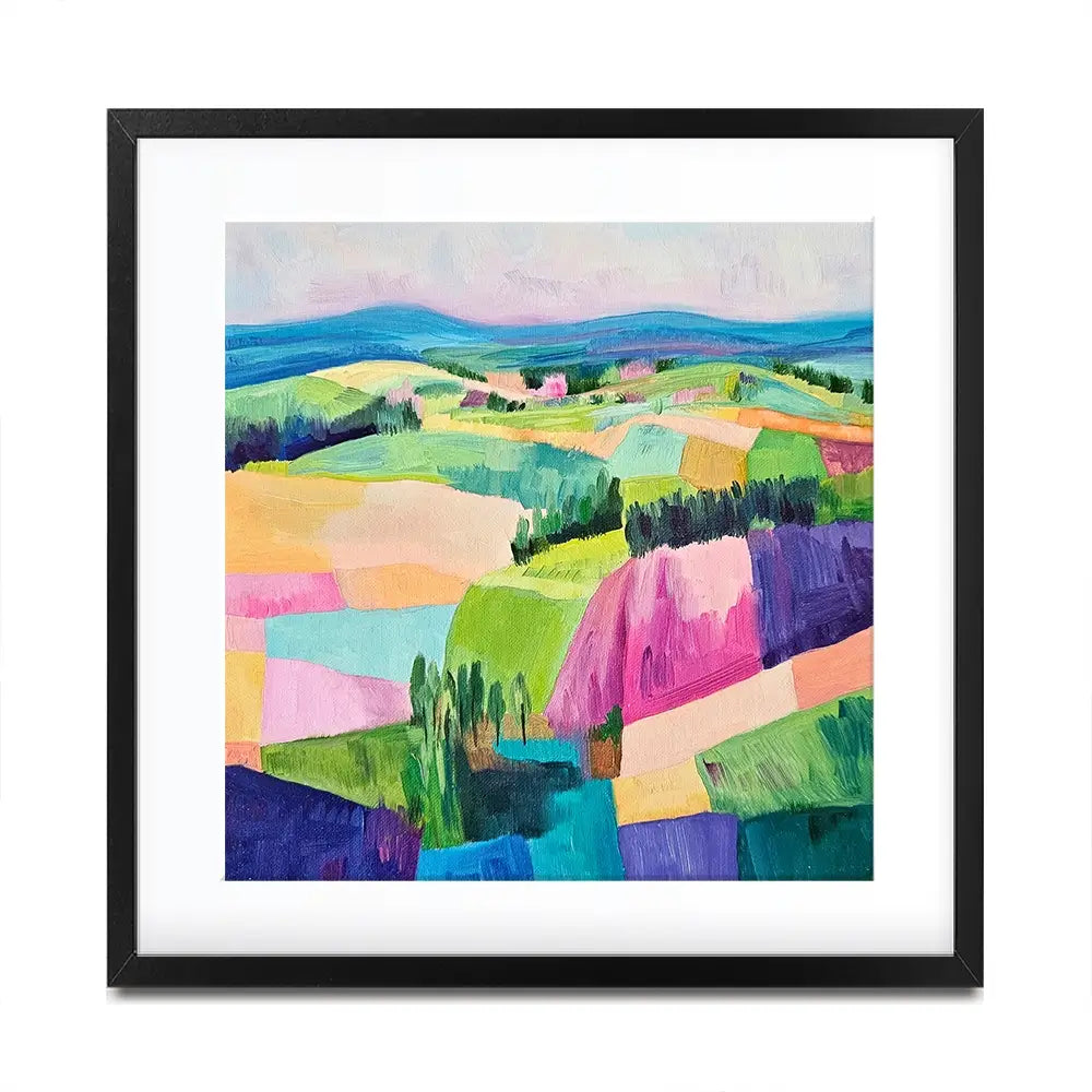 Colourful Patchwork Hills Square Framed Art Print