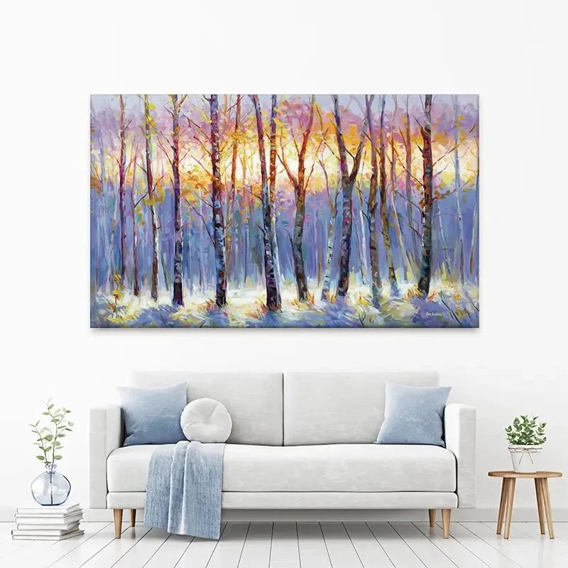 Sunrise Over The Birch Tree Forest Canvas Print