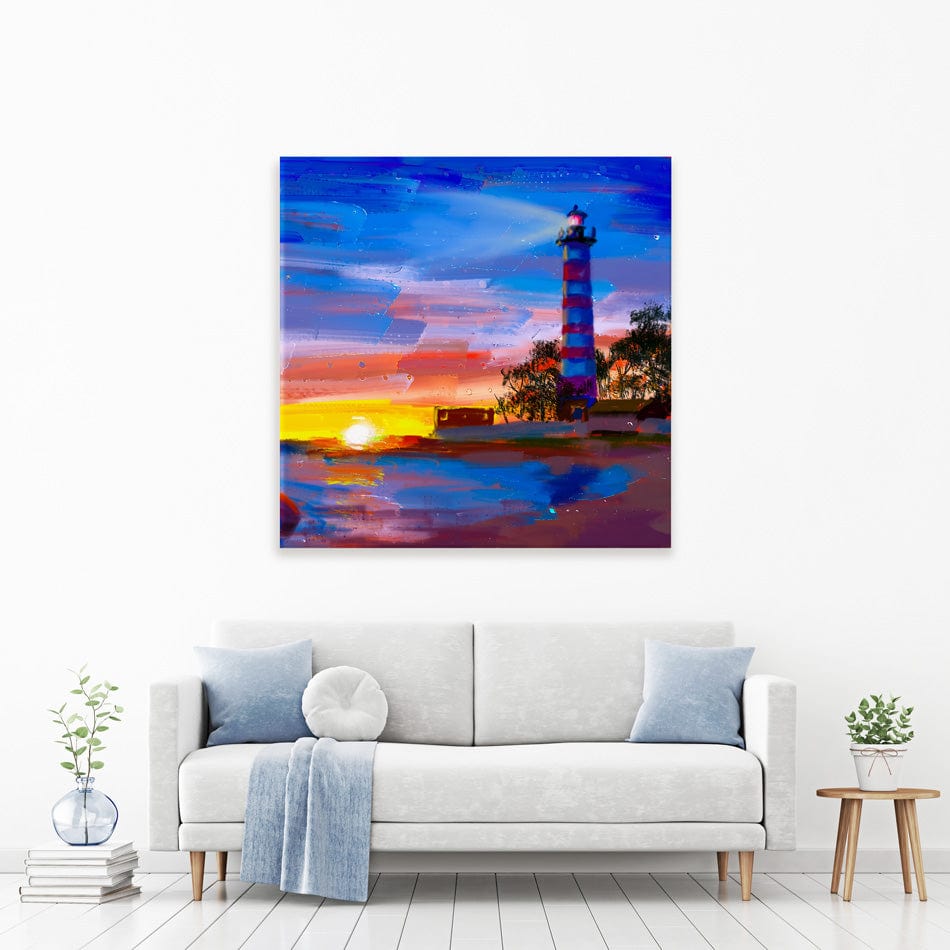 Sunset Lighthouse Scene Square Canvas Print