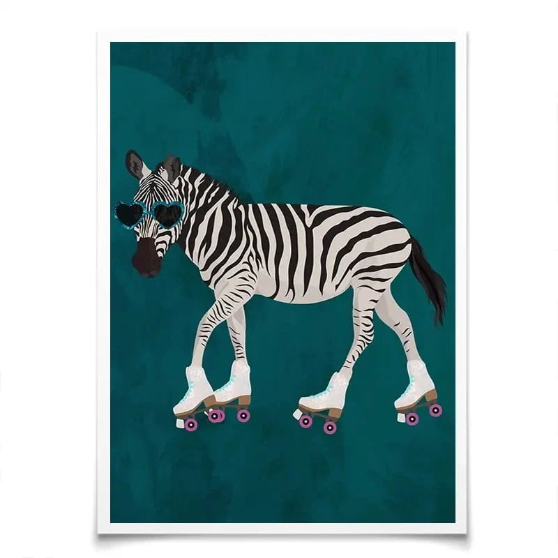 Turquoise Zebra Roller Skating Art Print