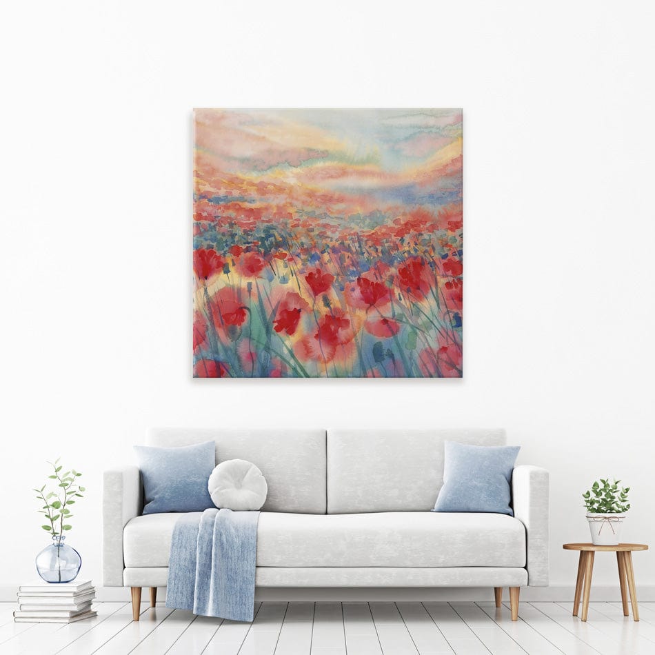 Watercolour Poppy Field Square Canvas Print