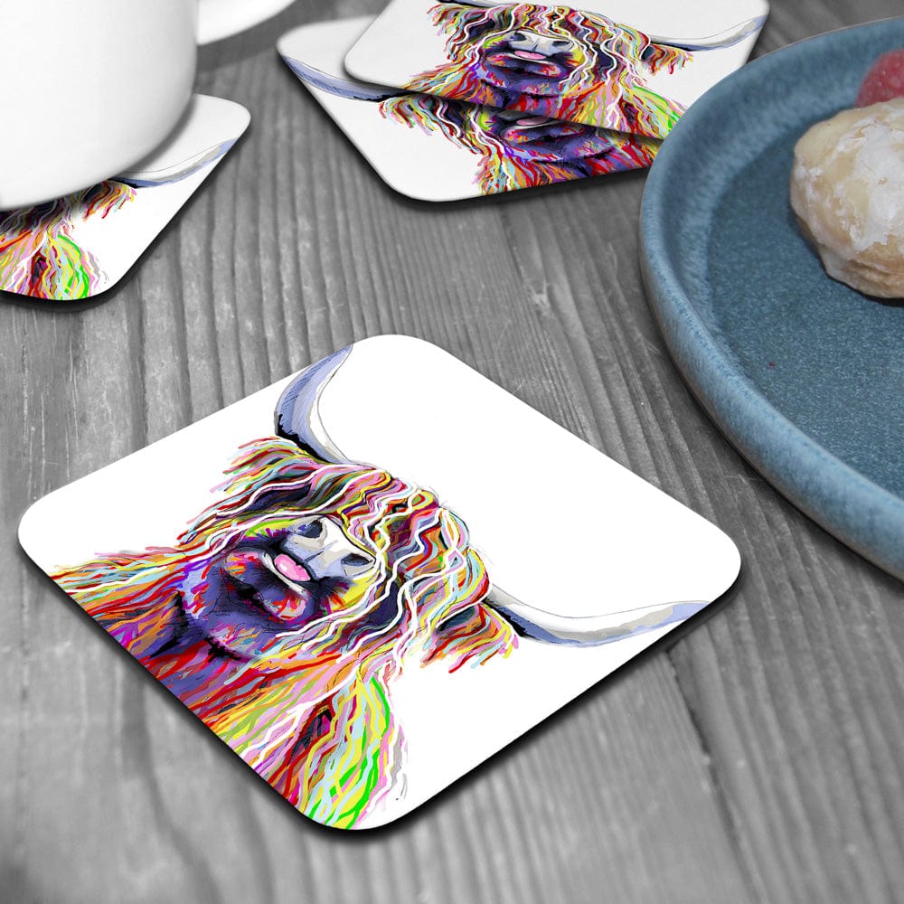 Cheeky White Highland Cow Coaster Set – Art Print Shop