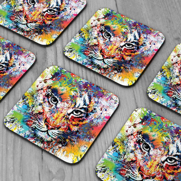 Multicoloured Tiger Paint Splash Coaster Set | Tiger Design Coasters ...